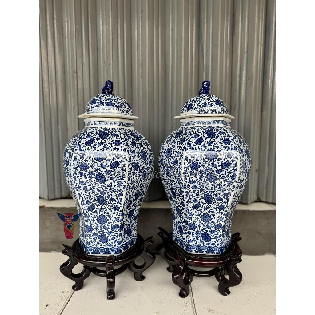 Jual guci pajangan keramik porslen antik import tochin foo dog blue and ...
