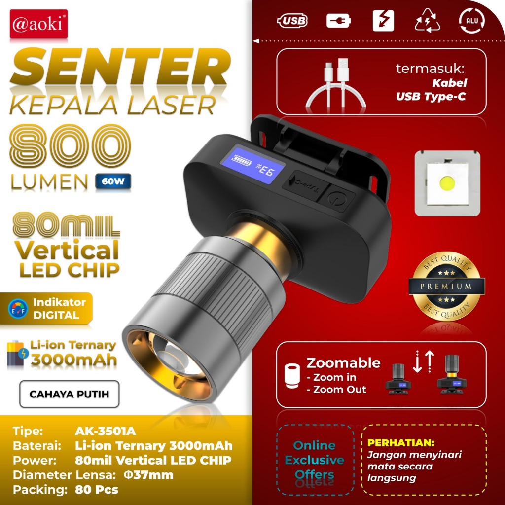 Jual SENTER KEPALA LED 60W AOKI AK-3501A - INDIKATOR BATERAI - ZOOM LASER - ALUMINIUM - TYPE-C ...