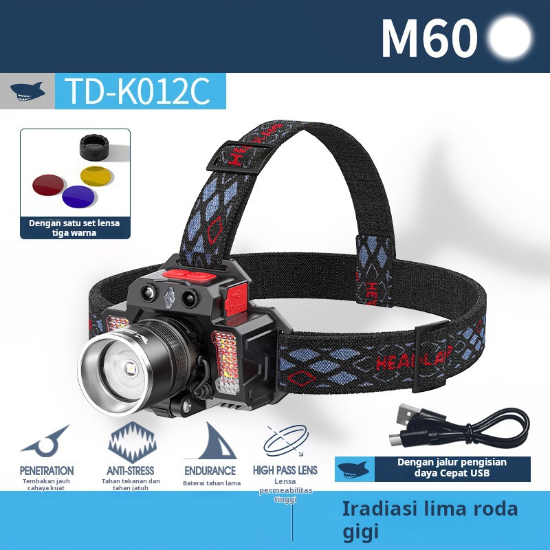 Jual Smiling Shark Senter Kepala Led Induksi Sensor Gerak Silau Zoom Penginderaan cerdas T51 ...