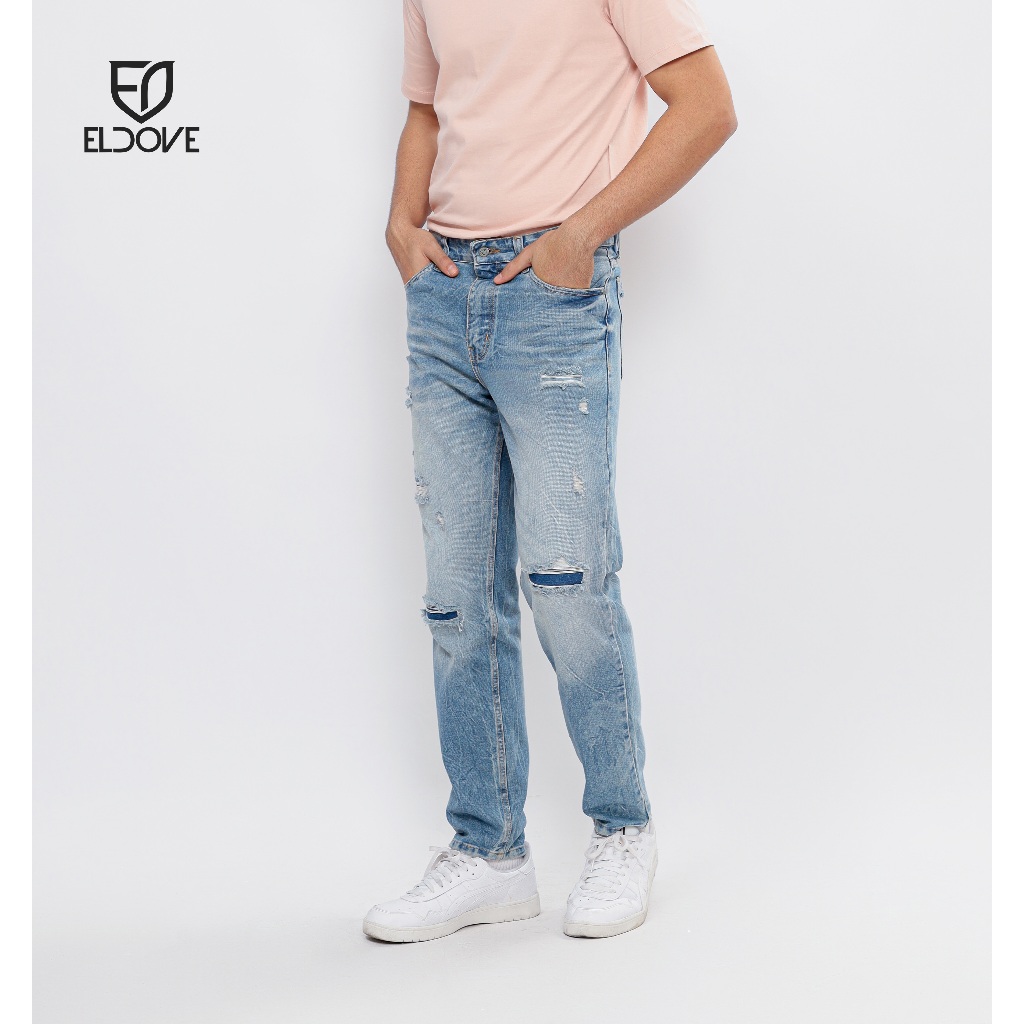 Jual Eldove Straight Fit Denim Jeans Ripped Medium Blue 2082 | Shopee Indonesia