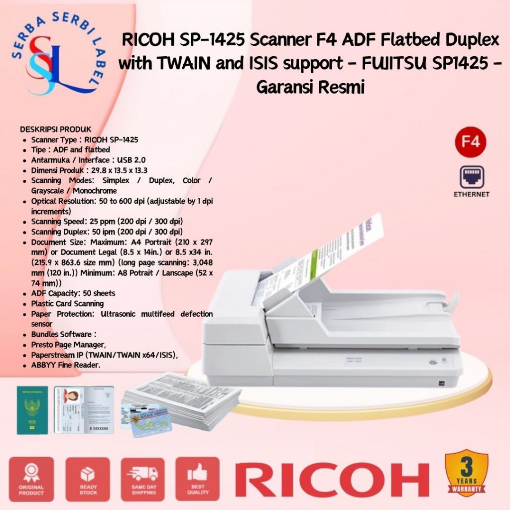 Jual RICOH Scanner SP-1425 ADF Flatbed Duplex Ricoh SP1425 Garansi ...