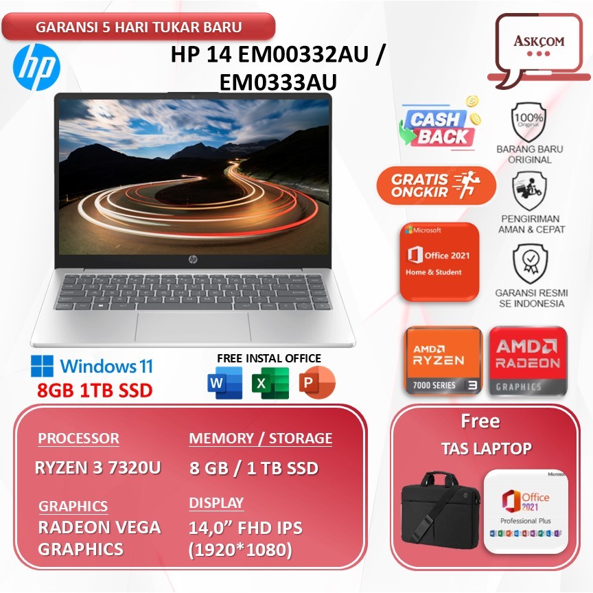 Jual Laptop HP 14s EM0333AU RYZEN 3 7320 8GB 1TB SSD 14.0FHD IPS Win11 ...