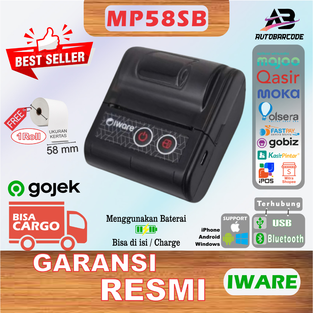 Jual Printer Mini Iware MP58SB Bluetooth Mobile Portable 58MM Kertas ...