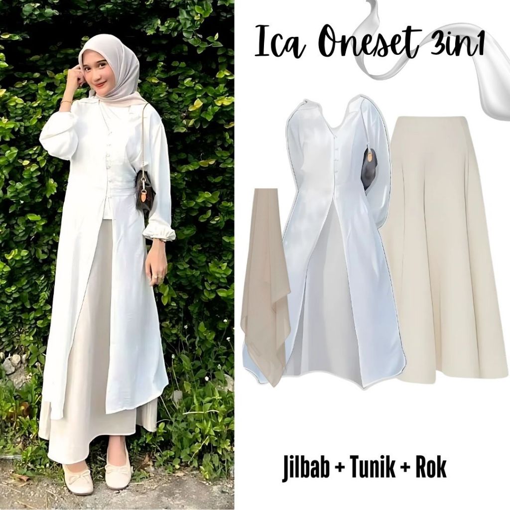 Jual Oneset 3in1 tunik putih rok panjang jilbab bella square | ootd ...