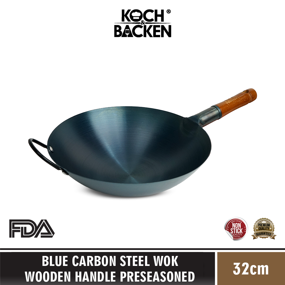 Jual KOCH&BACKEN Blue Carbon Steel Wok Wooden Handle Preseasoned 32cm ...