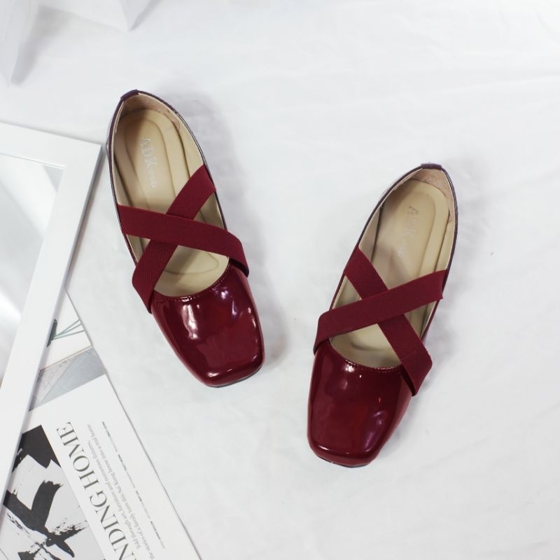 Jual Adk shoes YUKI karet silang sepatu wanita balet burgundy | Shopee ...