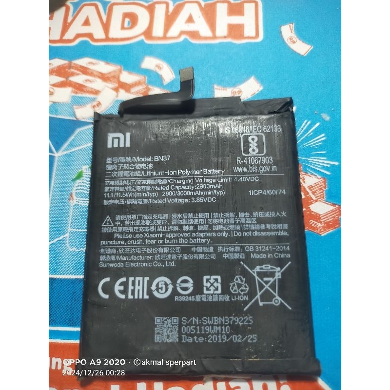 Jual BATERAI BATREI REDMI 6A BN37 ORIGINAL COPOTAN | Shopee Indonesia