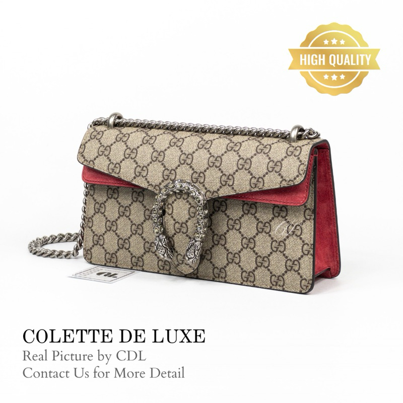 Jual Dionysus Small Shoulder Bag in Red Suede GG Supreme Canvas ...