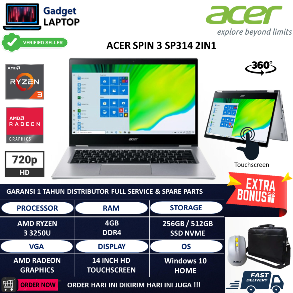Jual Laptop 2in1 Acer Spin 3 SP314 Amd Ryzen 3 3250U 4GB 512GB 14 Inch Touchscreen Windows 10 ...