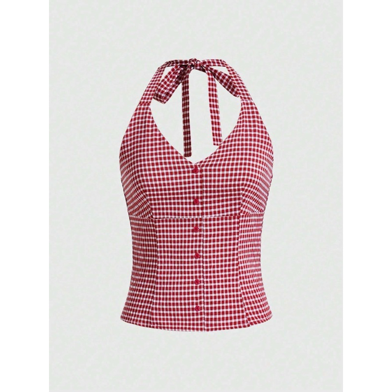 Jual Women Plaid Halter Top V-neck Gingham Print | Shopee Indonesia