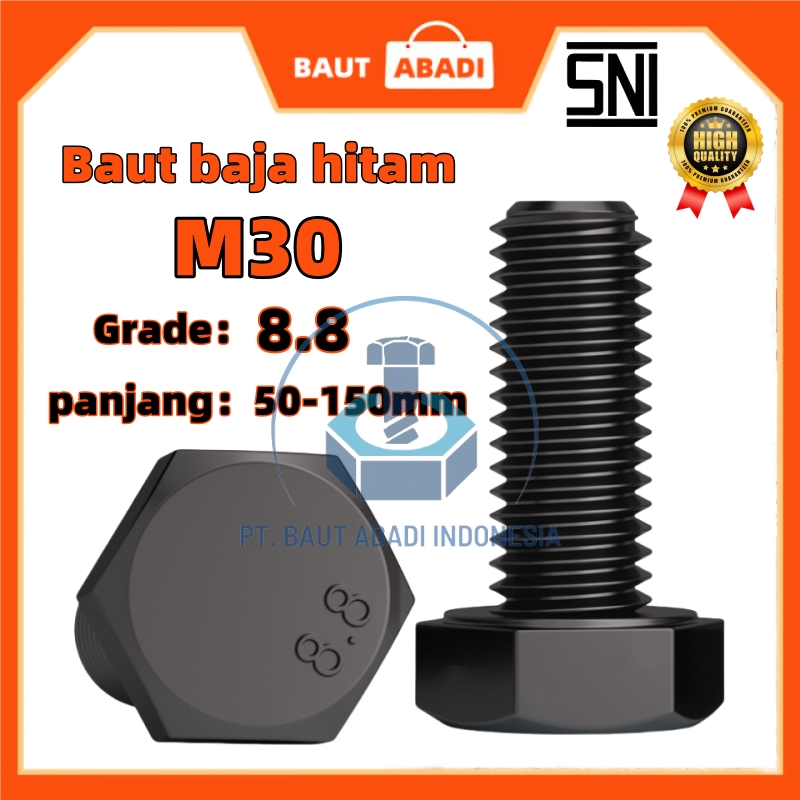 Jual Baut Hexagon baja hitam M30 grade 8.8 full drat / Half drat / baut mur / hex bolt / ring ...