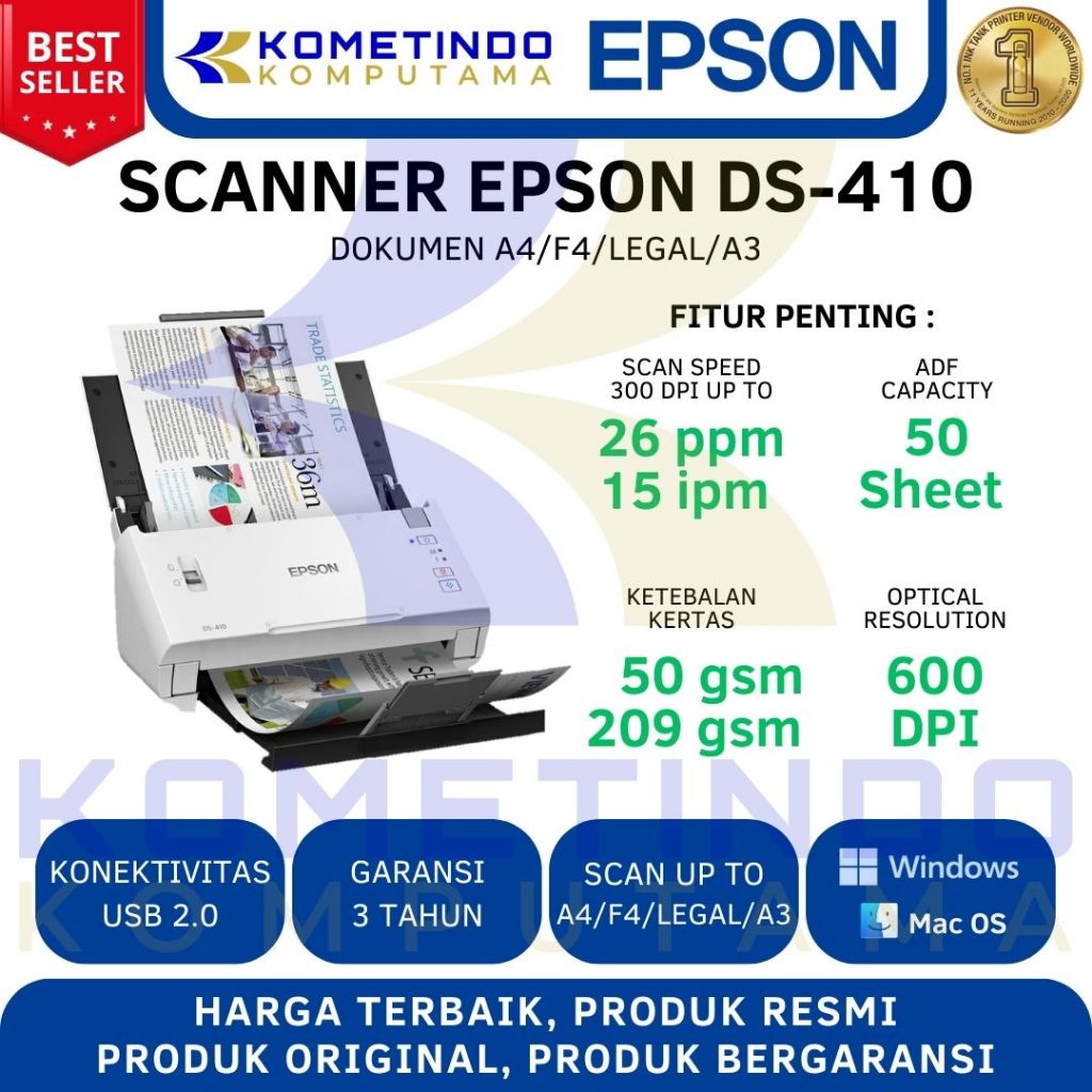 Jual DS410 (26ppm / 52ipm) - Epson WorkForce DS-410 A4 Duplex Sheet-fed ...