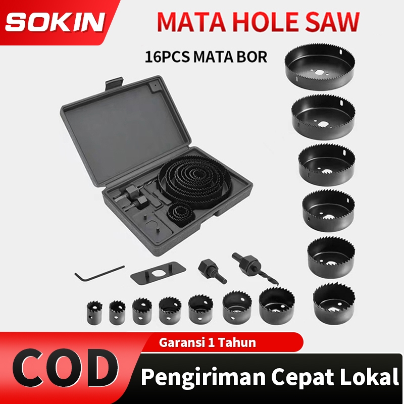 Jual SOKIN 16Pcs Mata bor Hole saw Kit Mata bor set Pelubang Kayu PVC ...