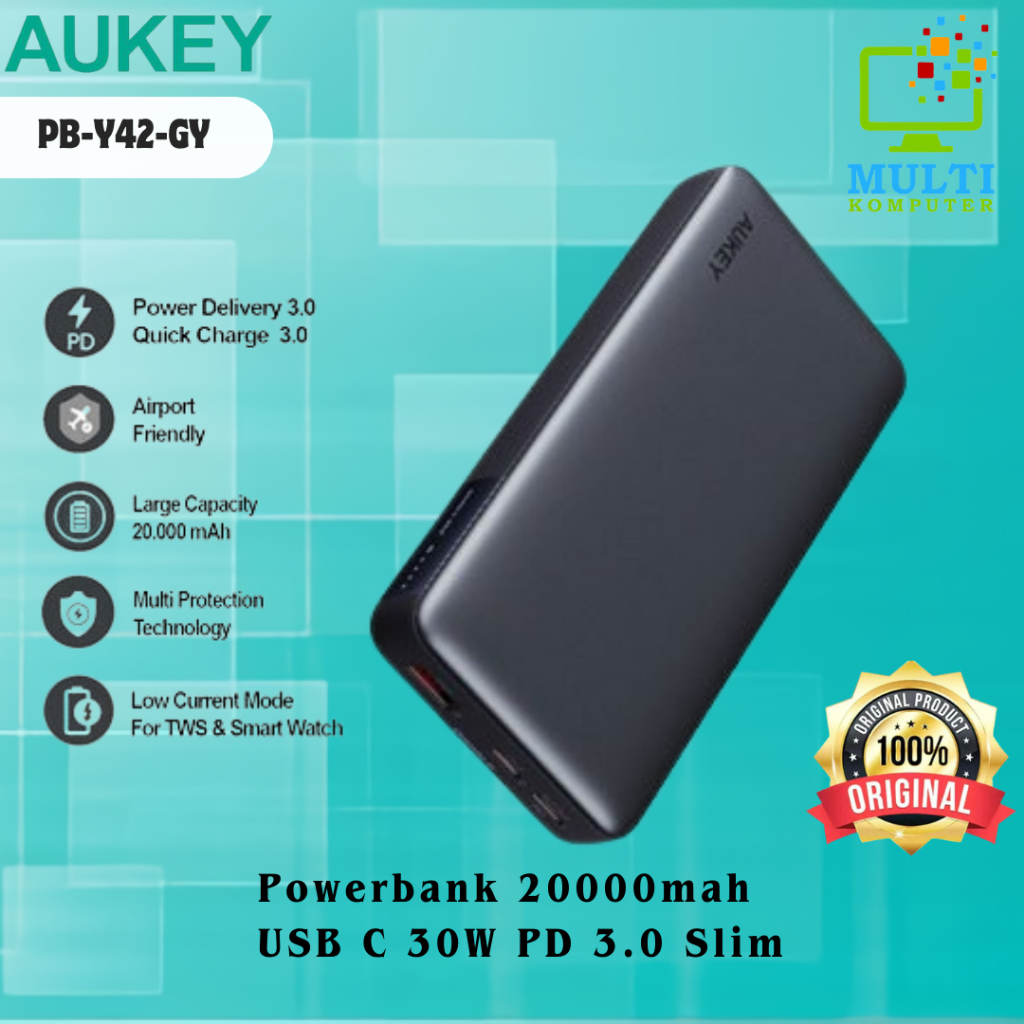 Jual Powerbank AUKEY 20000mah PB-Y42-GY USB C 30W PD 3.0 Slim | Shopee ...