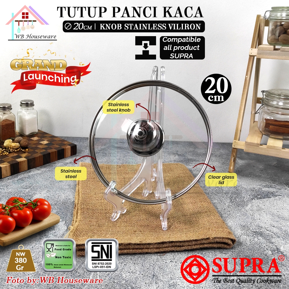 Jual SUPRA Tutup panci kaca 20cm knob stainless viliron series untuk ...