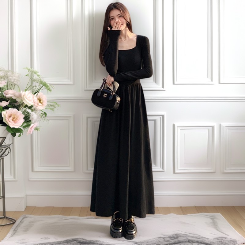 Jual Dress Hitam Gaun Lengan Panjang Gaun Warna Hitam Gaun Korean Gaun ...