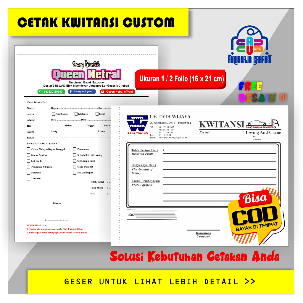 Jual Kwitansi custom , cetak kwitansi custom ukuran 1/2 atau 16x21 cm ...