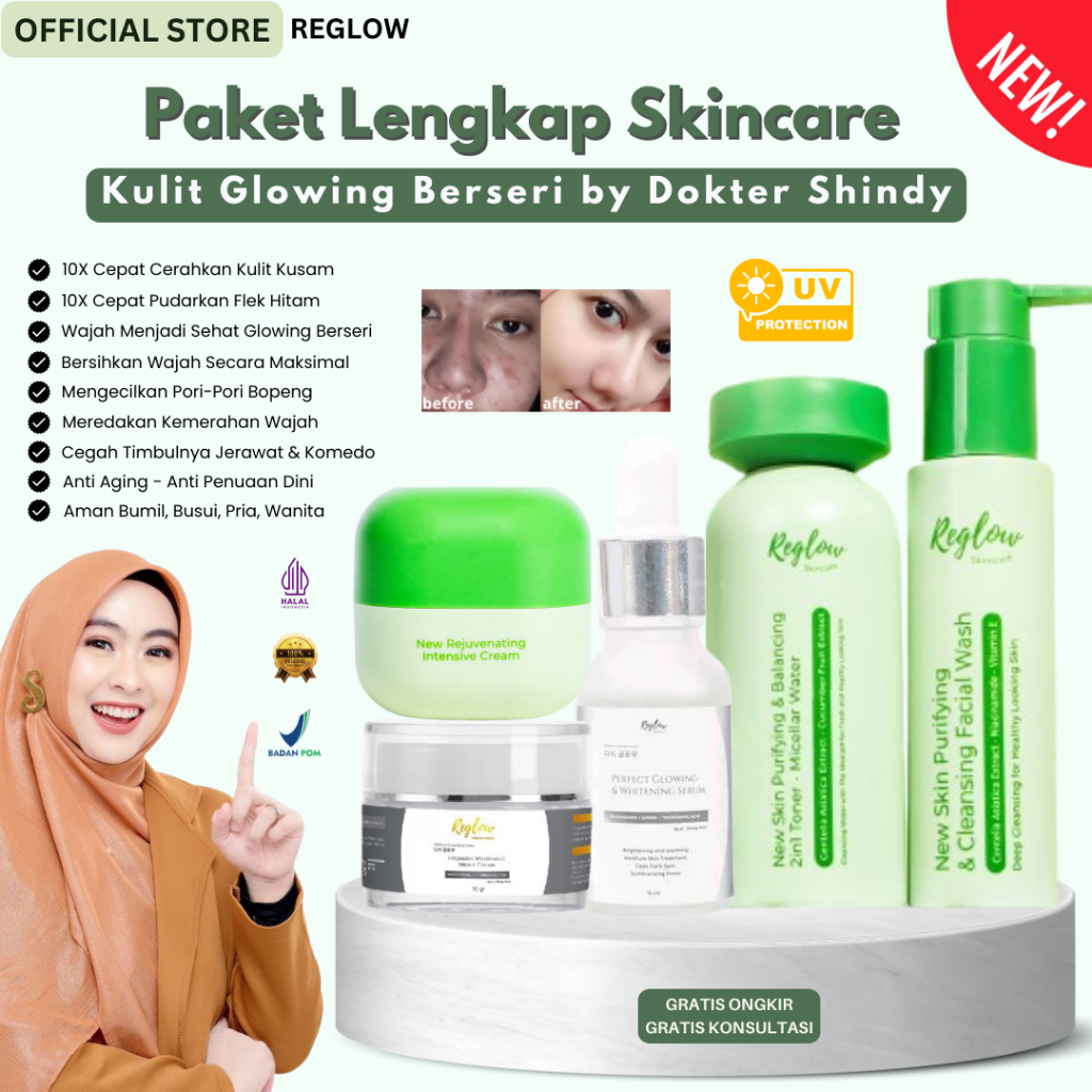 Jual Paket Komplit Reglow GLOWING SKIN TREATMENT Mencerahkan Wajah Kusam Menghilangkan Komedo ...