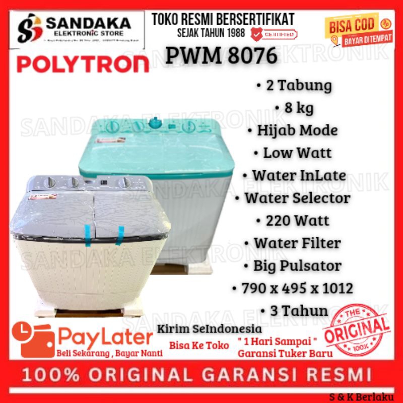 Jual MESIN CUCI POLYTRON DUA TABUNG 8 KG 220 WATT - PWM 8076 | Shopee ...