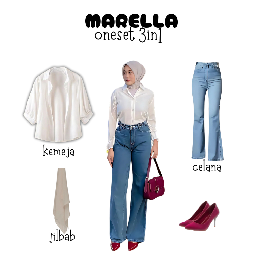 Jual oneset 3in1 Blouse kemeja putih celana jeans cutbray highwaist jilbab bella | perempuan ...