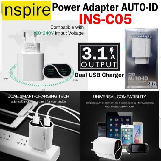 Jual Charger Travel Adapter 2 Port Colokan USB 2 3.1 AMPERE INS-C05 ...