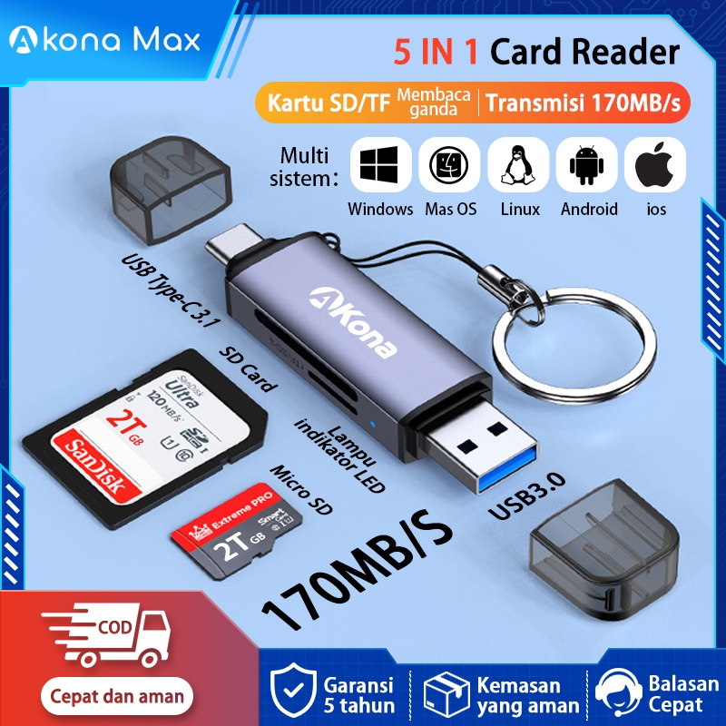 Jual Akona Card Reader Type c USB3.0 Micro SD High Speed OTG 170MB/S 5 in 1(Free Tali Gantung ...