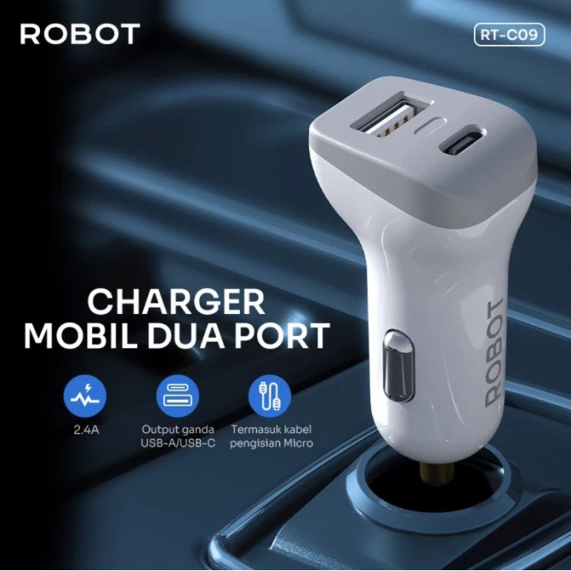Jual ROBOT RT-C09 / RT-C07 Car Charger 2.4A FAST CHARGING , FREE CABLE MICRO | Shopee Indonesia