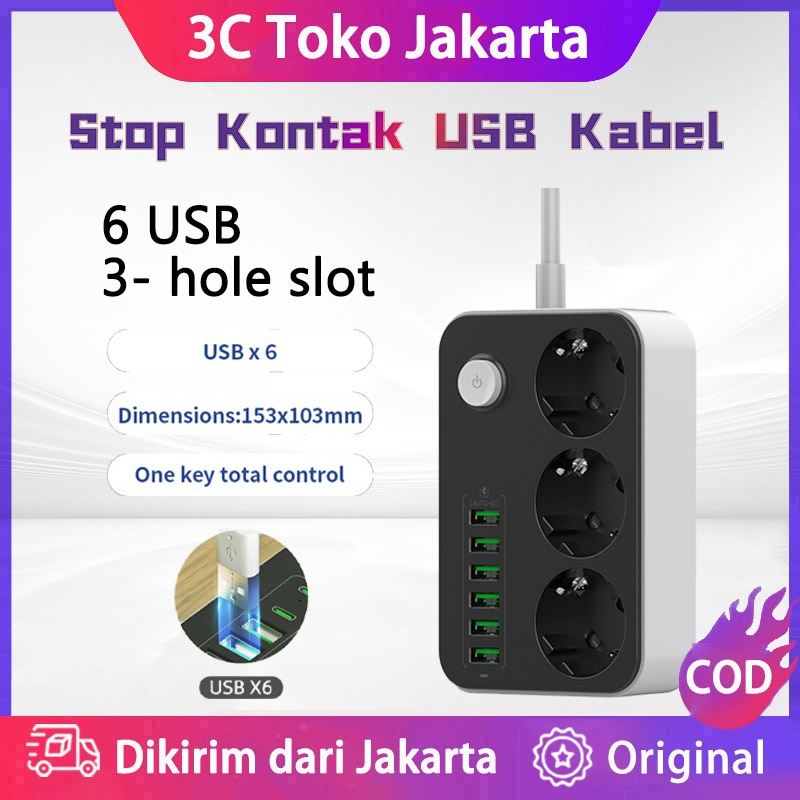 Jual Stop Kontak 3 Power Socket 6 USB Charging Anti Static Charger HP 3 Socket Power Strip Cord ...