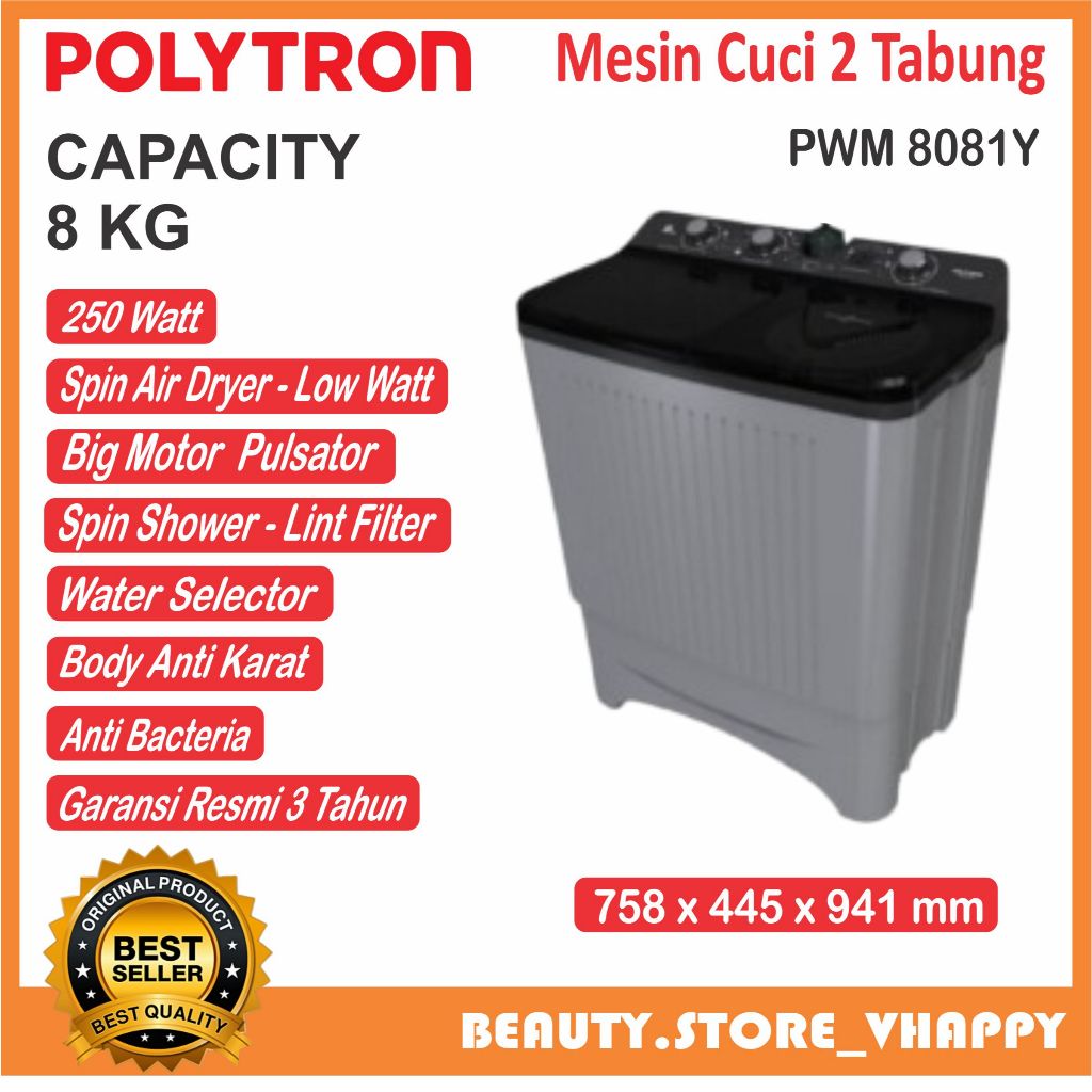Jual Mesin Cuci 2 Tabung POLYTRON 8 Kg PWM 8081 Garansi Resmi | Shopee ...