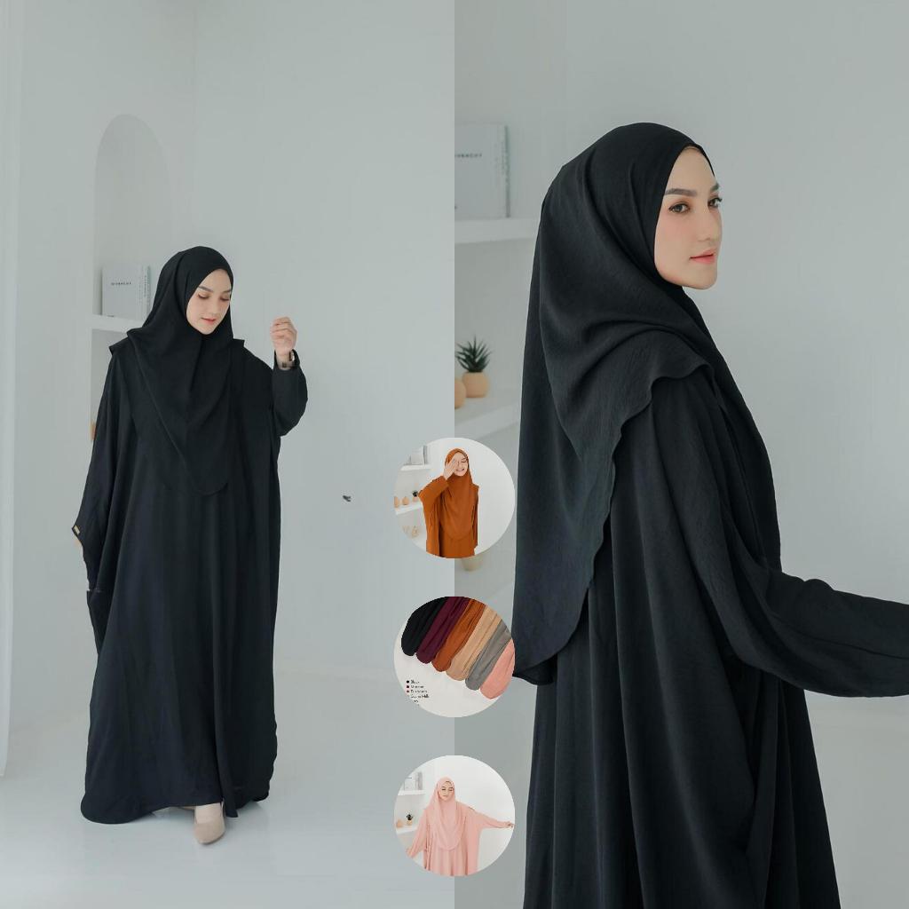 Jual Mecca Dress Crinkle Airflow Abaya Umroh Wanita Muslim Batwing Set Hijab All Size Hitam 003 ...