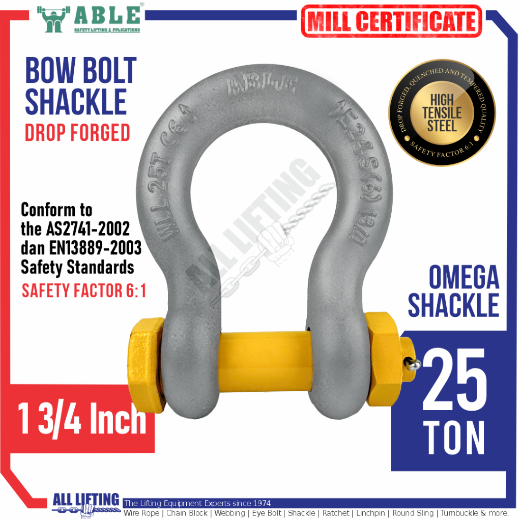 Jual ABLE Bow Shackle 25 Ton 1.3/4 Inch Grade S/6 Forged Segel Bolt ...