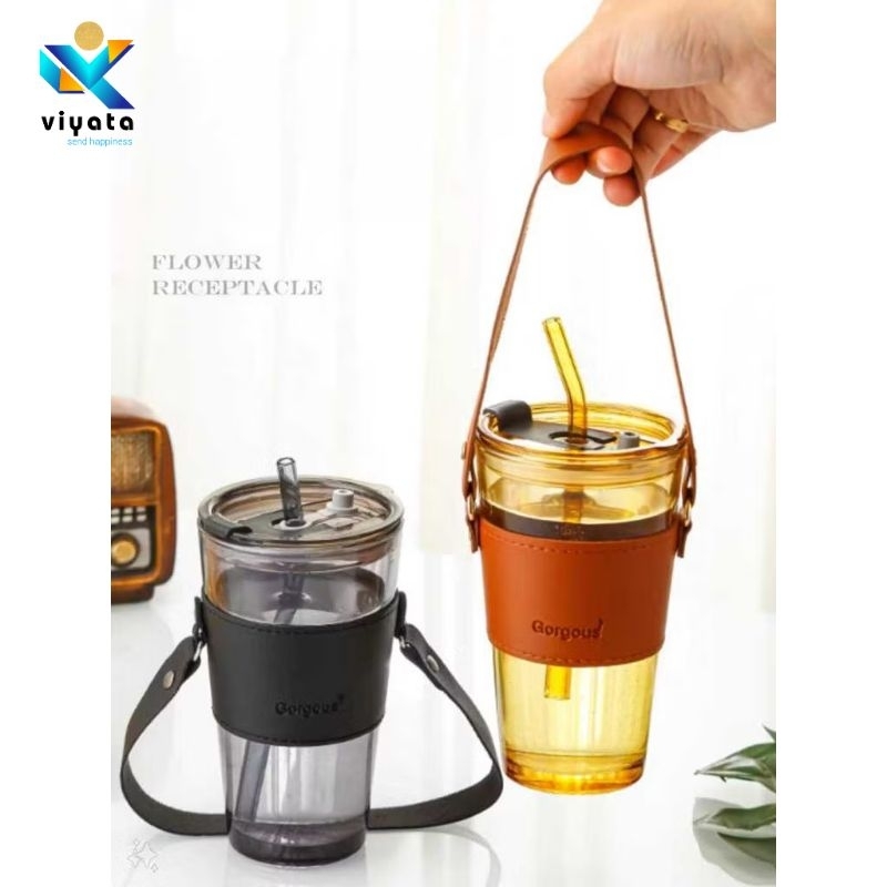 Jual gelas tumbler cangkir kaca dengan case tali dan sedotan mug kopi ...