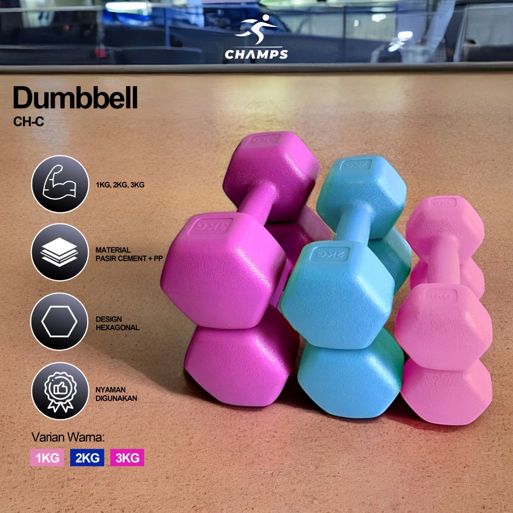 Jual CHAMPS Dumbell/Barbel Wanita Vinyl PE Cement 1/2/3/5 Kg Dumble ...