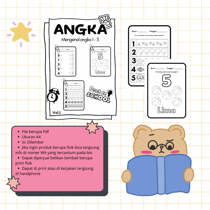 Jual Lembar belajar mengenal angka worksheet anak untuk TK paud PG ...
