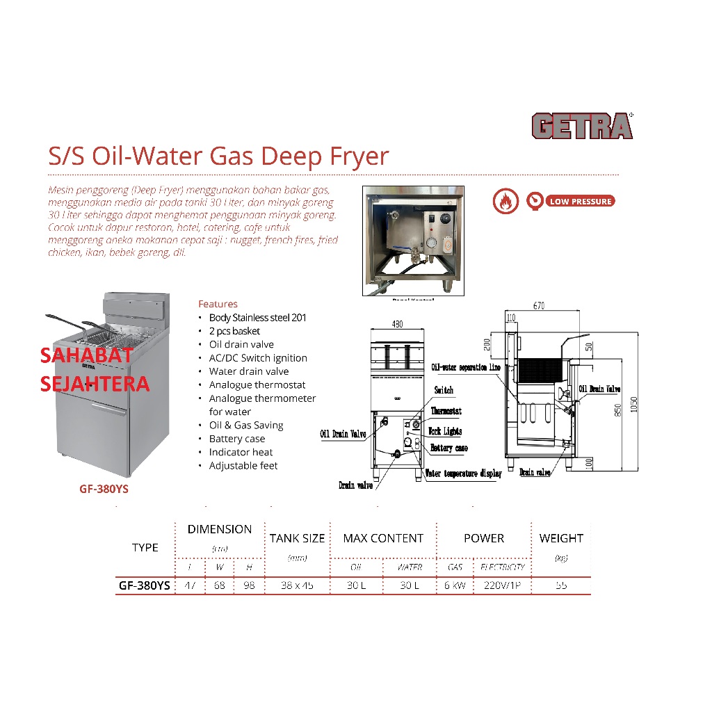 Jual GETRA Stainless Steel Oil Water Gas Deep Fryer GF-380YS ...
