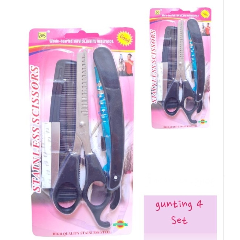Jual Gunting Rambut Set isi 4 Pcs Gunting , Pisau sasak , Pisau Cukur ...