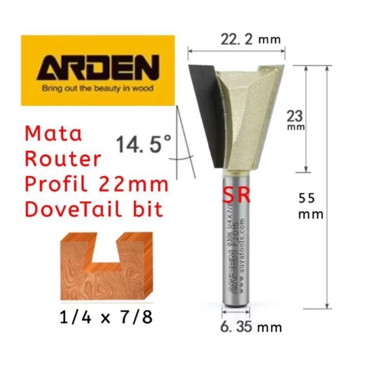 Jual Mata Router/ Profil 22mm (1/4 × 7/8) Dovetail Bits ARDEN | Shopee ...