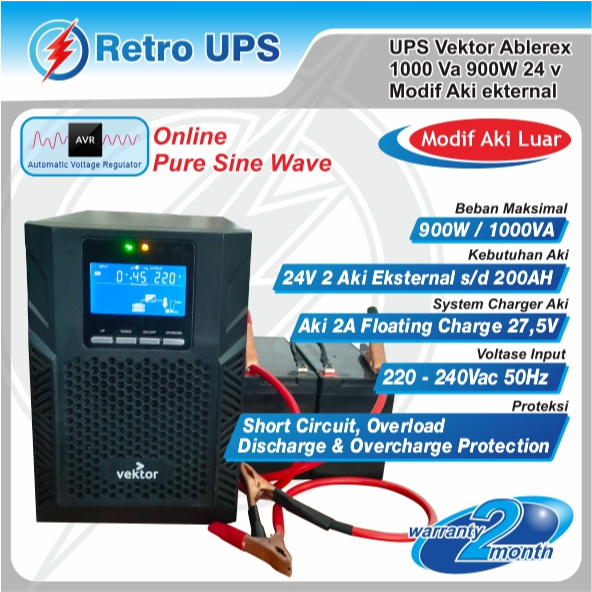 Jual UPS Modif Aki External Vektor Ablerex 1000VA 1KVA 900W 24V Online ...