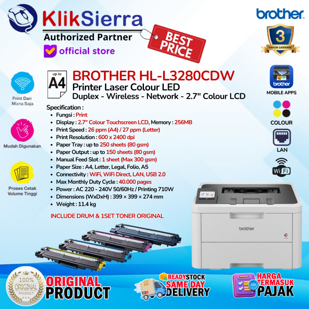 Jual BROTHER HL-L3280CDW Printer Laser Colour LED - Wireless Network ...