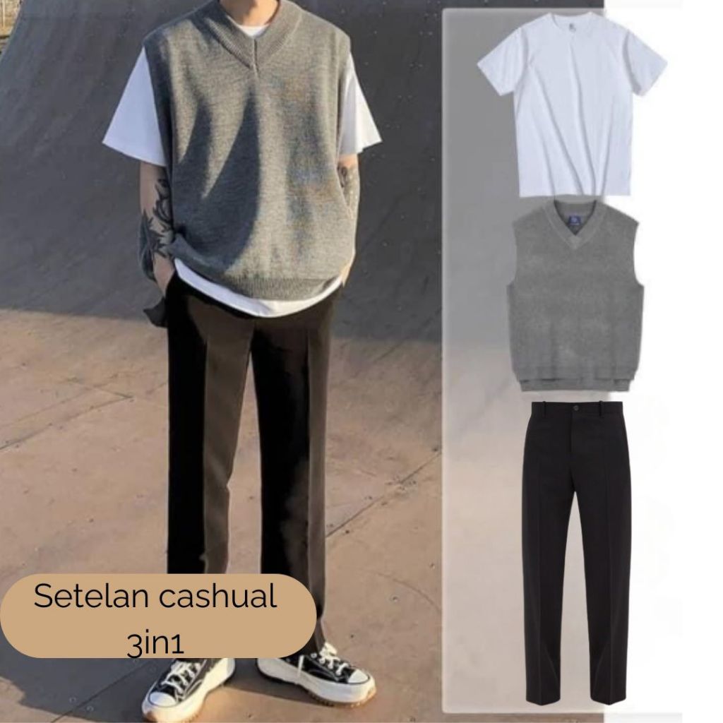 Jual ONE SET Outfit Cowok Baju Setelan Satu Set 3in1 celana+vest+kaos ...
