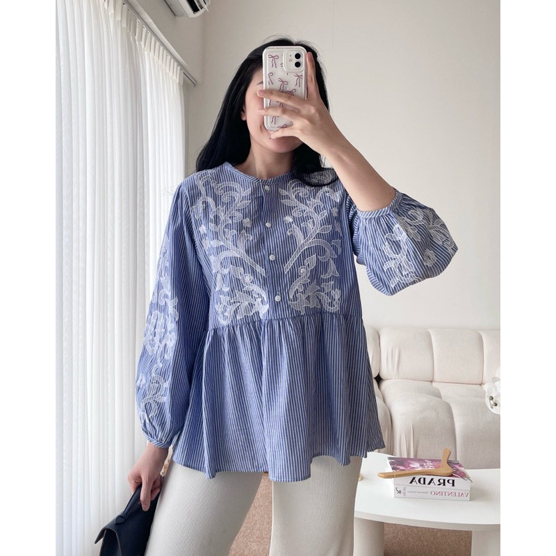 Jual Eska Clothing - Emily Blouse Blus Kemeja Wanita Motif Garis Stripe ...