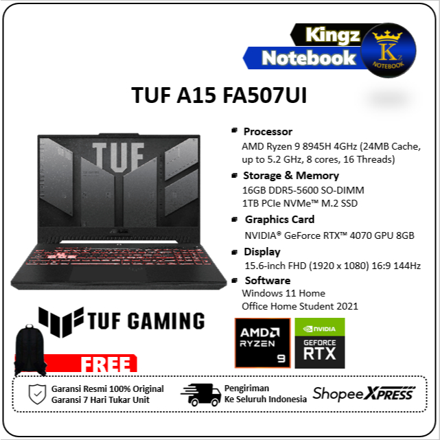 Jual Asus TUF A15 FA507UI RTX4070 Ryzen 9 8945H 32GB 1TB SSD Win11+OHS ...