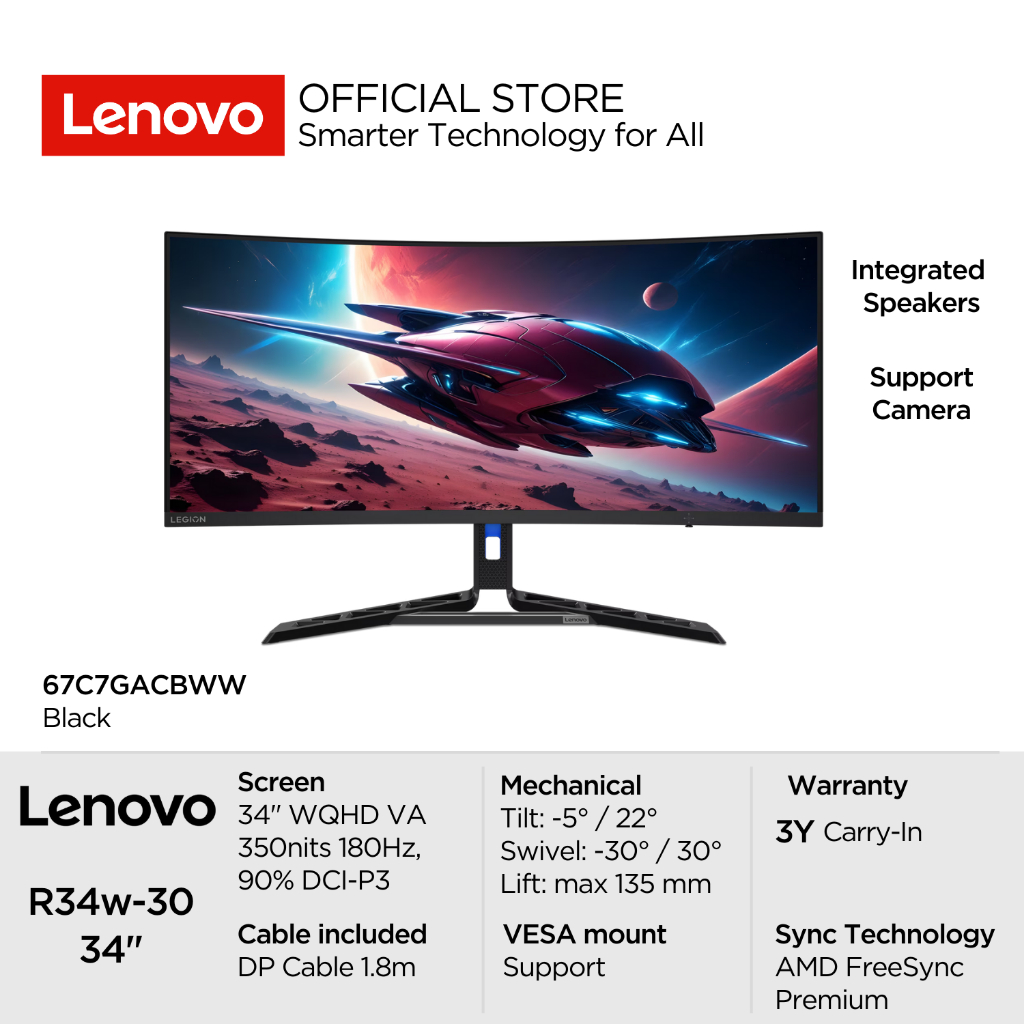 Jual JEAN_ Lenovo Gaming Monitor R34w-30 WLED Ultra-Wide Curve 1500R ...