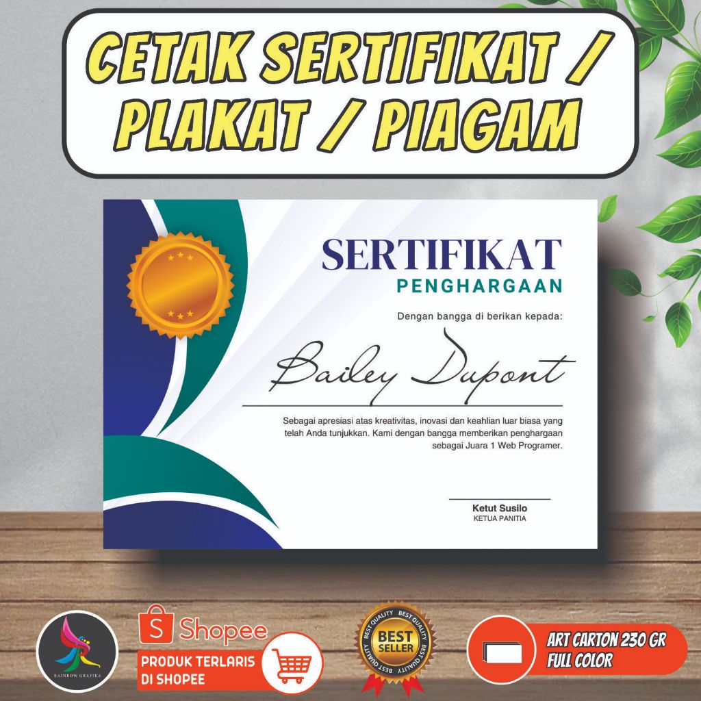 Jual CETAK SERTIFIKAT / PIAGAM / PLAKAT A4 FULL WARNA 1 SISI | Shopee ...