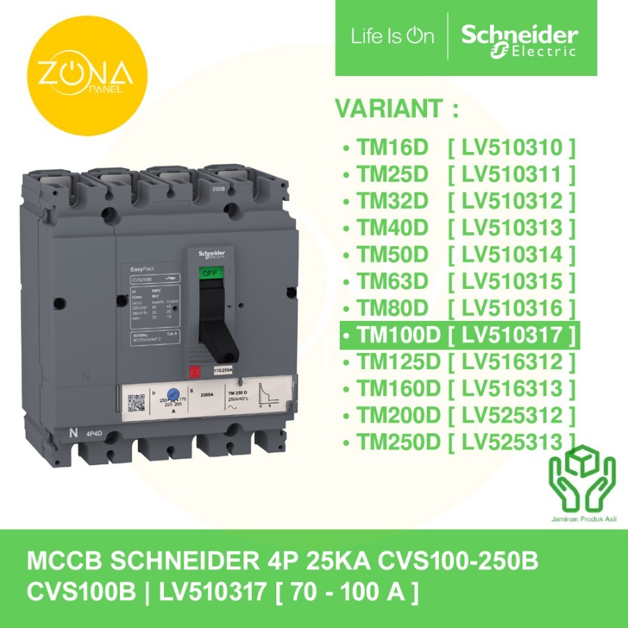 Jual MCCB SCHNEIDER EASYPACT CVS100B 4P 100A 25KA TMD TM100D LV510317 | Shopee Indonesia