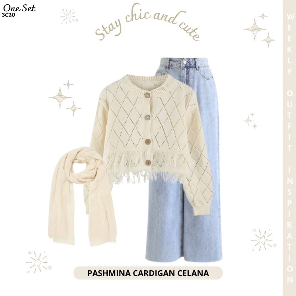Jual One Set Outfit Korean Style Atasan Cardigan Rajut Rawis Celana Pashmina | Ootd Bukber ...