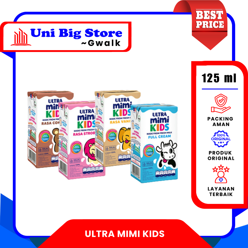 Jual SUSU ULTRA MIMI KIDS UHT VANILA STRAWBERRY COKLAT FULL CREAM - 125 ml | Shopee Indonesia