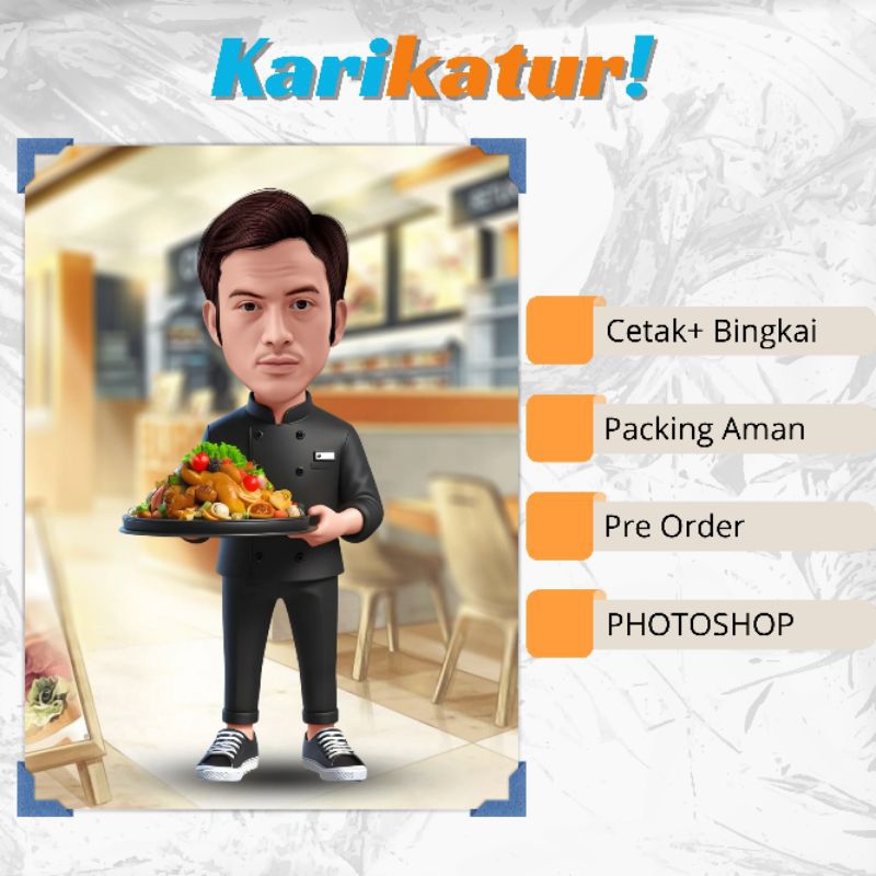 Jual (CETAK+BINGKAI) KARIKATUR CHEF KADO WISUDA ULANG TAHUN PERNIKAHAN ...
