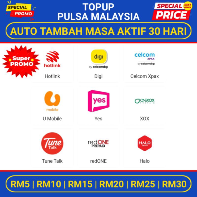 Jual Topup Pulsa Malaysia Maxis Hotlink Umobile Digi Celcom TuneTalk Yes Onexox Halo Beone ...
