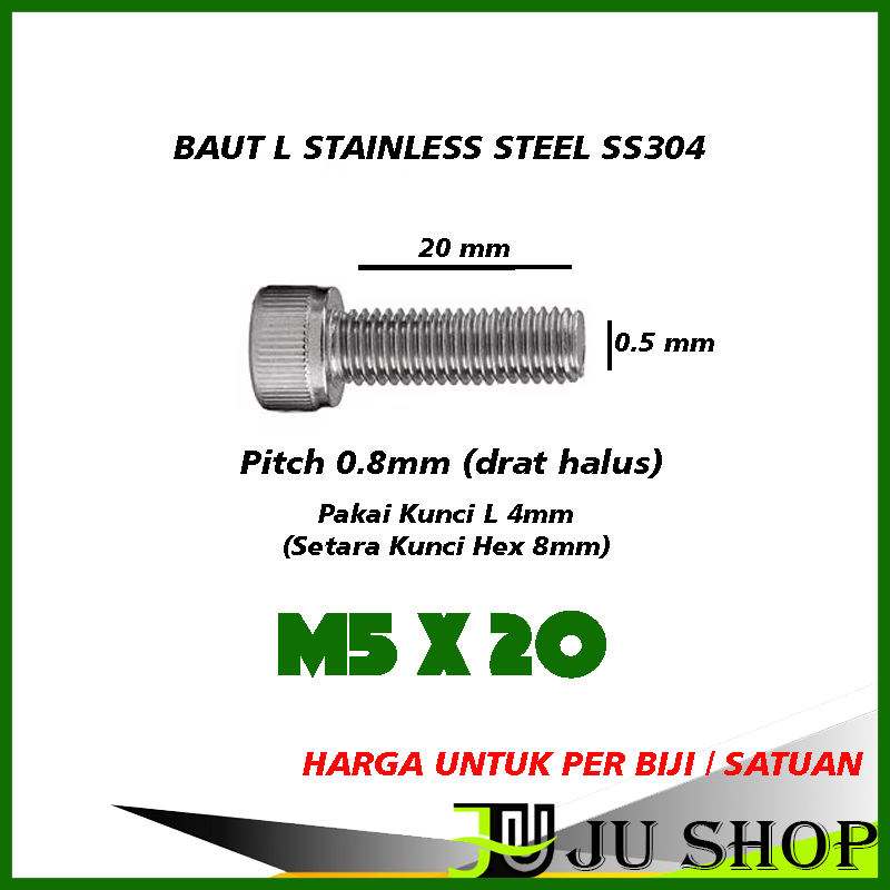 Jual Baut L M5x20 (HALUS) (KUNCI 8MM / kunci L 4MM) stainless steel M5 x 20 SS304 (HARGA PER ...
